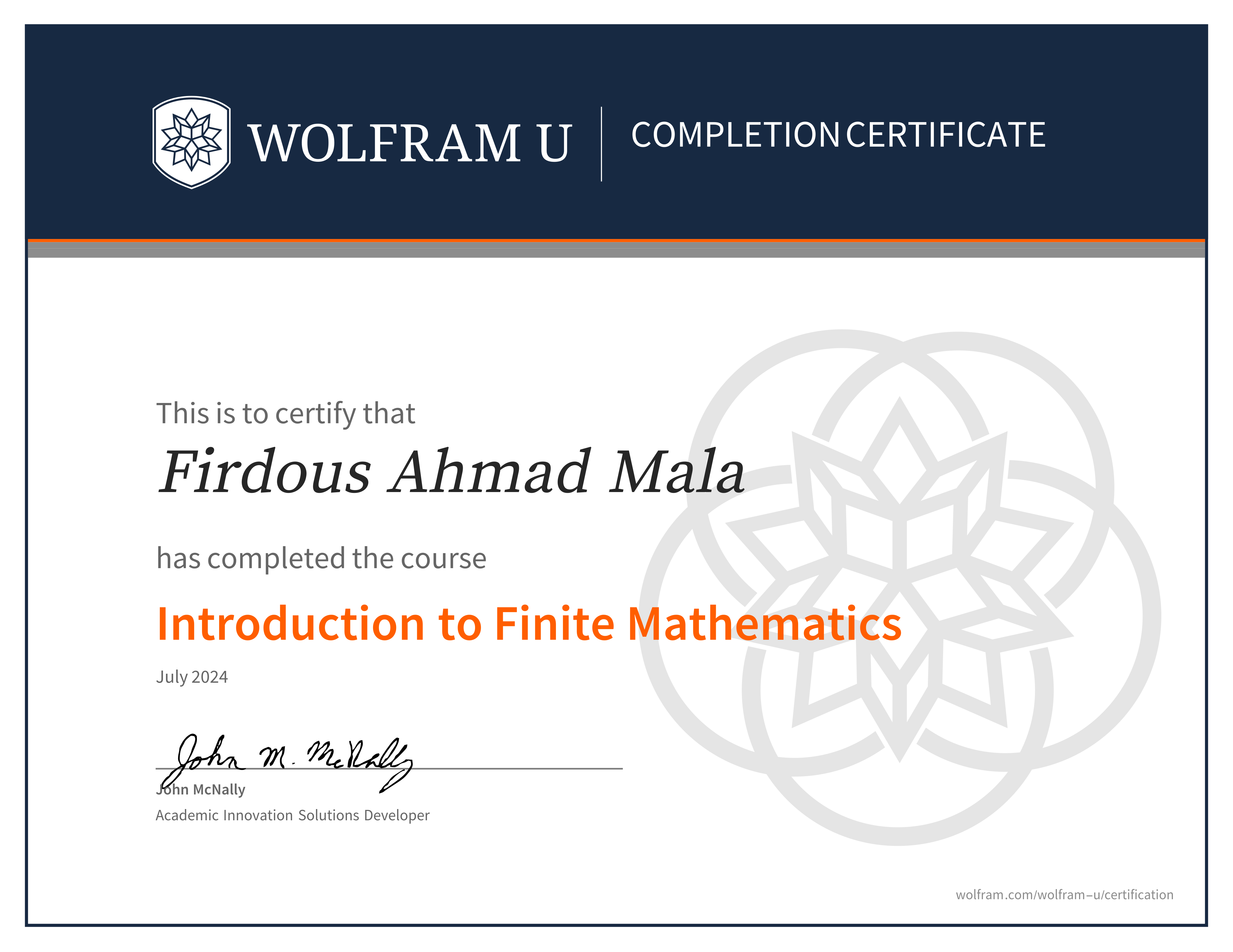 Wolfram U Certificate: Introduction to Finite Mathematics